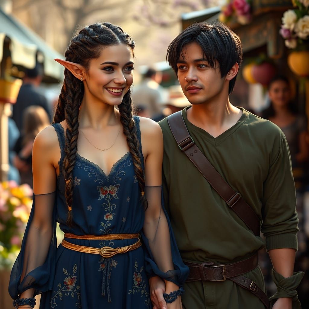 Elegant Elf Couple Strolls Through Vibrant Town Fa... - AI Art