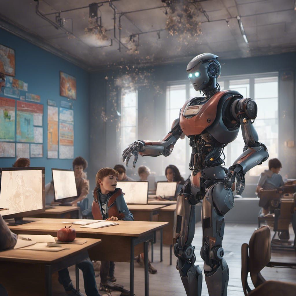 realistic Human teacher robot helping students in classroom - AI ...