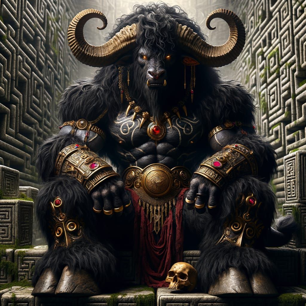 Create an oil painting depicting a mighty Minotaur in full form. He is ...