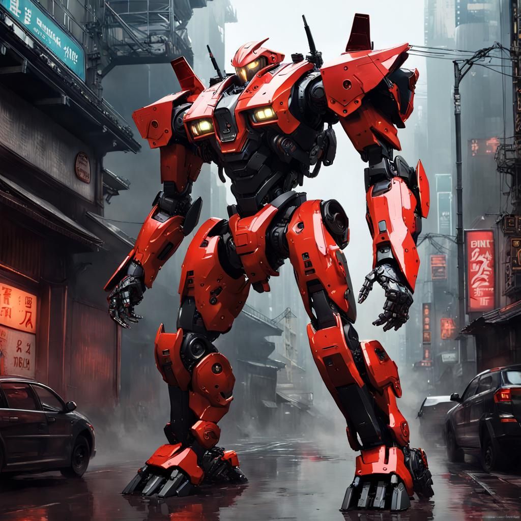 A giant Pacific Rim Jaeger mecha robot, dynamic pose, red/black metal ...