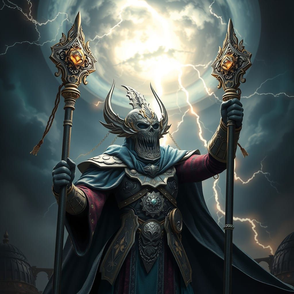 Majestic Armored Wizard Unleashes Lightning Fury - AI Art