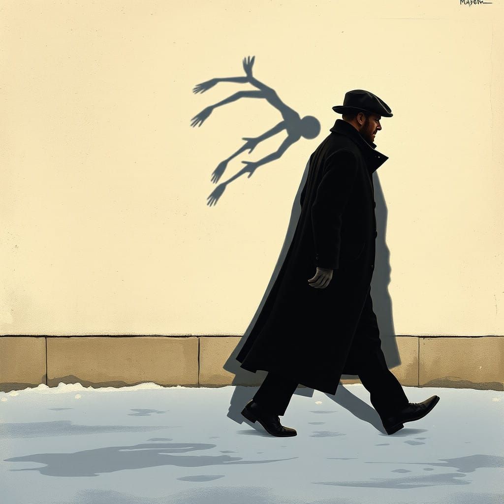 The man is ambling in the snow but an acrobatic shadow on the wall is ...