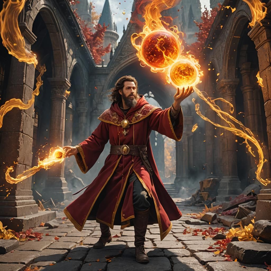 Human male wizard wearing red robes with yellow trim casting fireball spells. - AI Generated ...