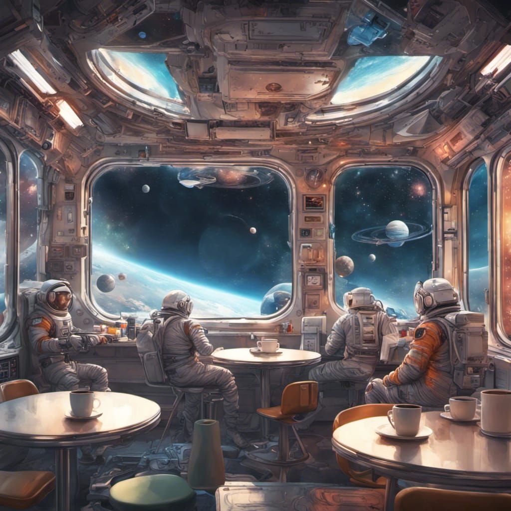 Space station with a coffee shop, astronauts sitting at tables, you see ...