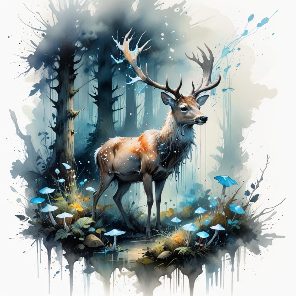Ethereal Deer in Bioluminescent Forest Glade - AI Art