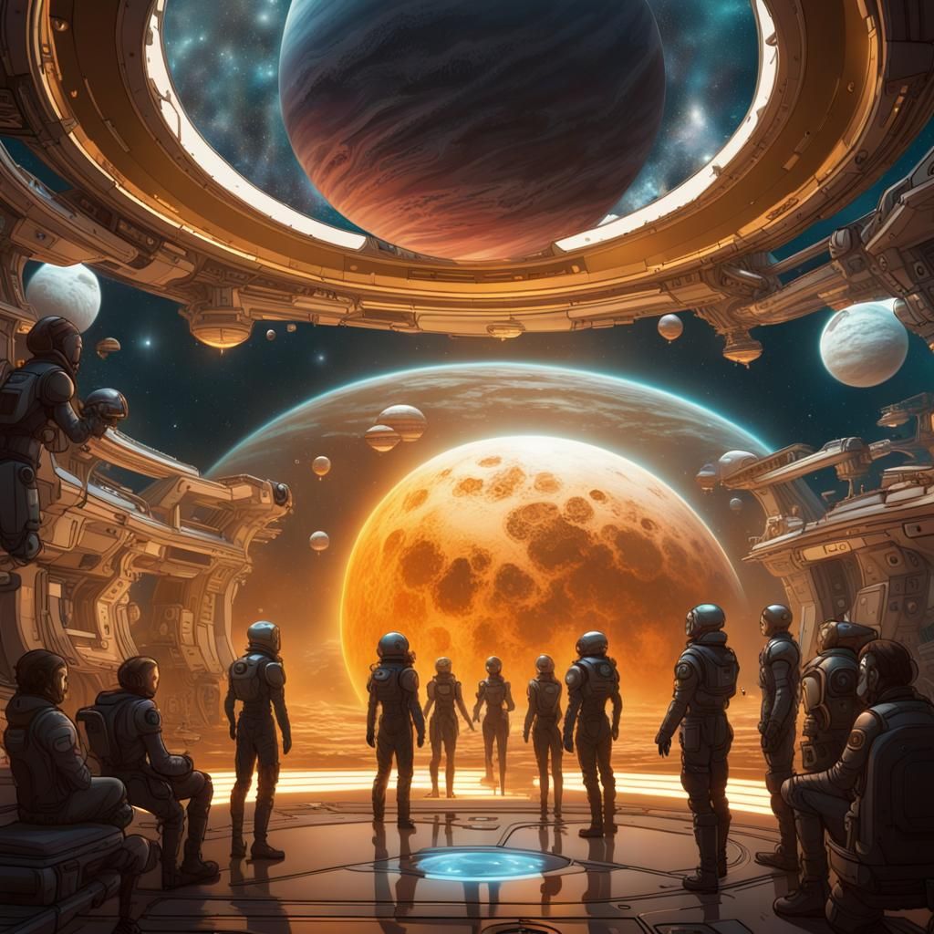 A council of humans and aliens aboard a mothership orbiting Jupiter's moon IO - AI Generated ...