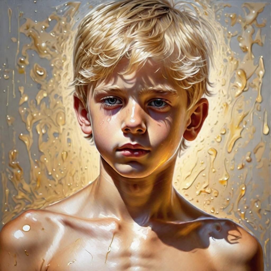 standing blond boy adolescent in love show is body lighting face oil ...