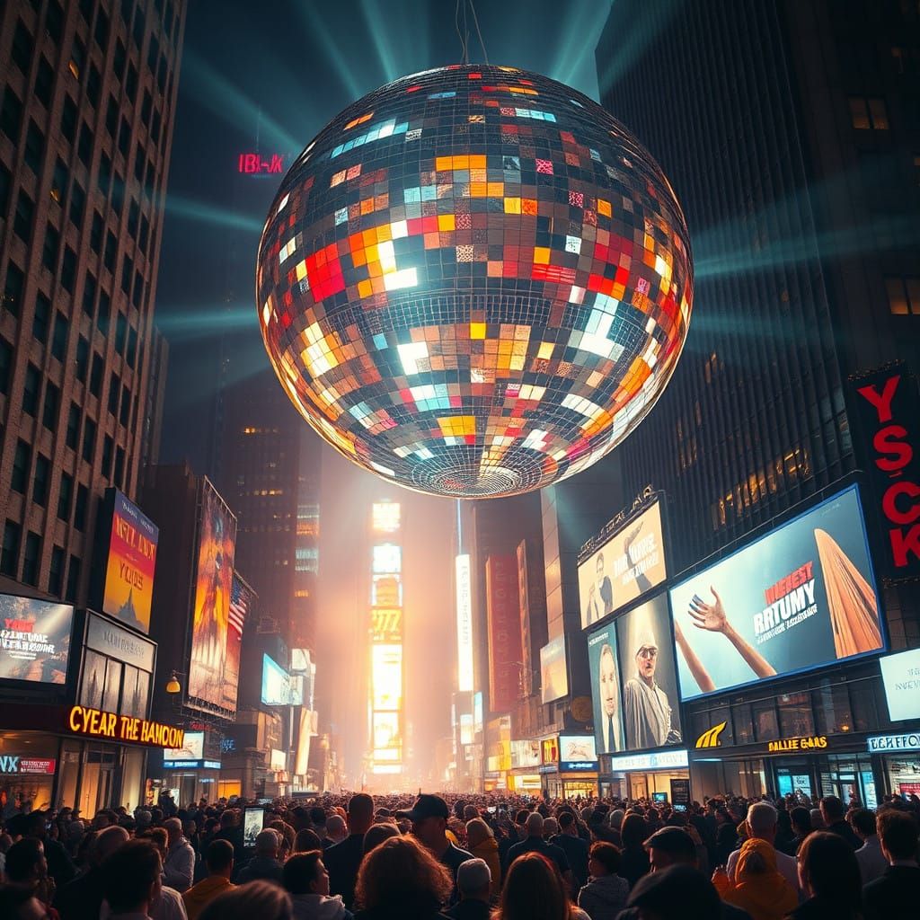 Cyberpunk Disco Ball Descends on Times Square - AI Art