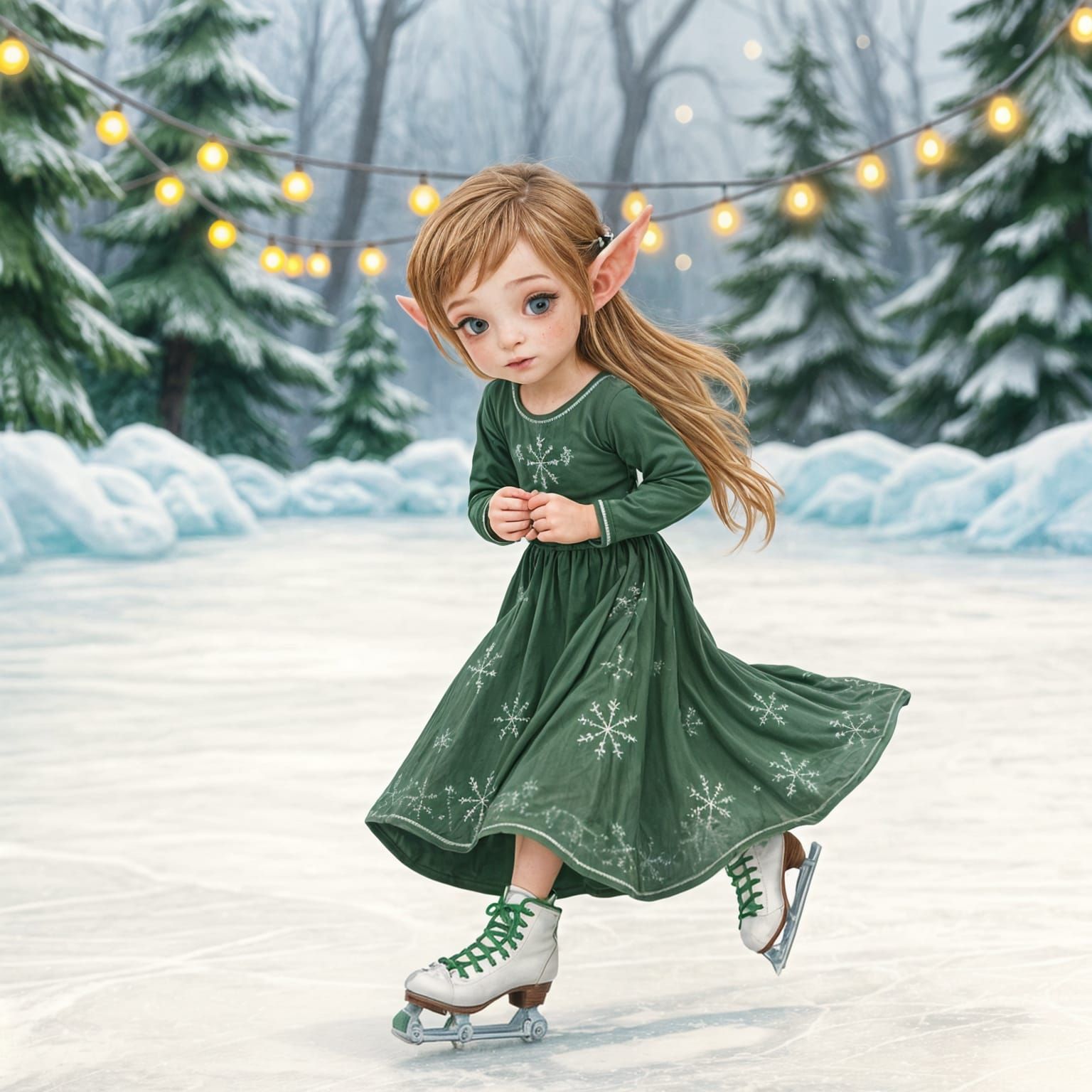 Female Elf child skating on an outdoor ice rink, wearing a green dress ...