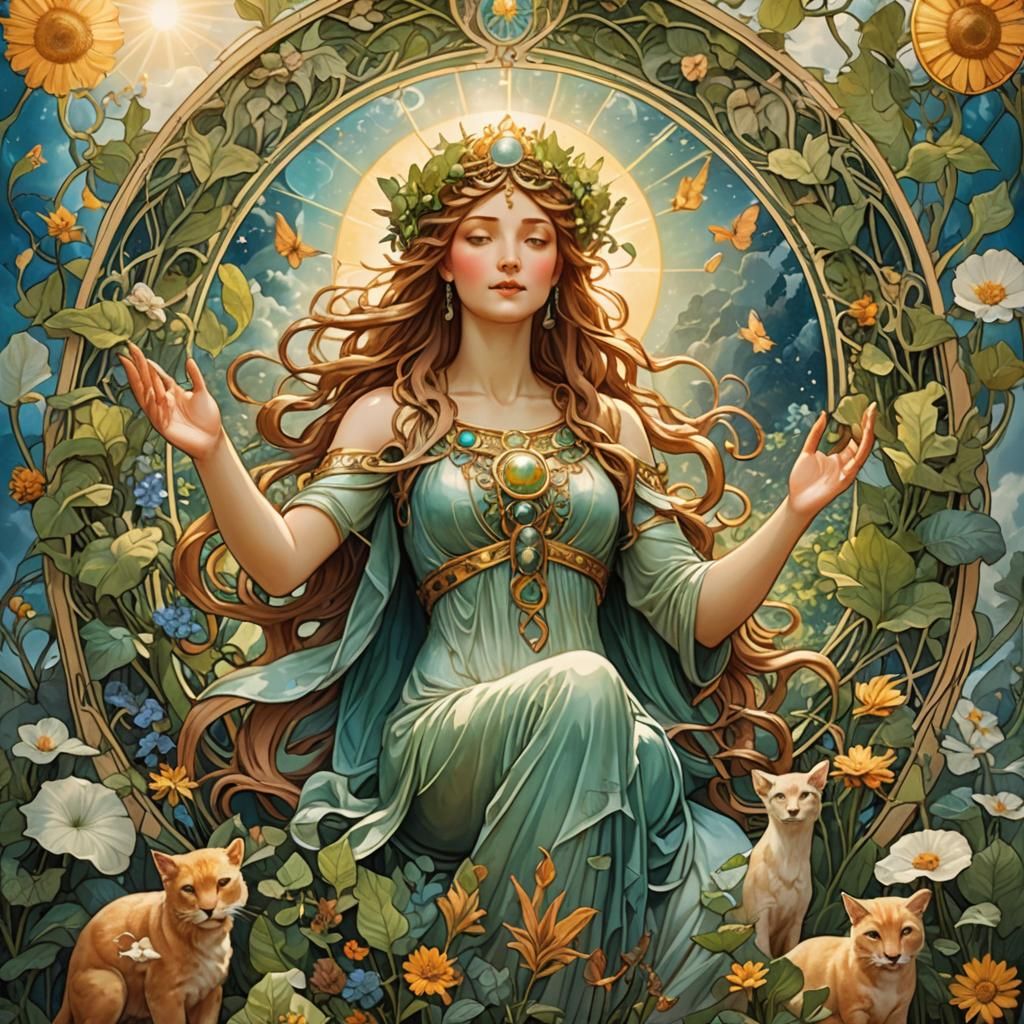beautiful nature earth goddess surrounded by animals and plants, art ...