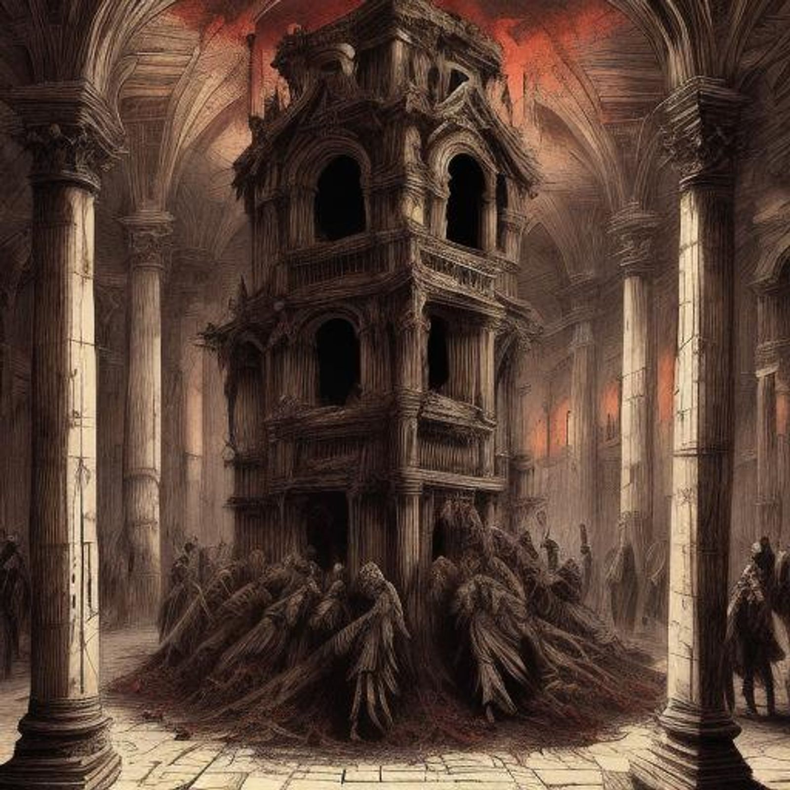 statues on column,horror museum,bright dynamic lighting Gustave Doré ...