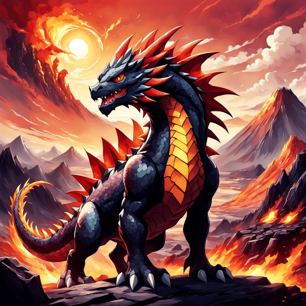 Fiery Red Dragon Fakemon in Volcanic Landscape - AI Art
