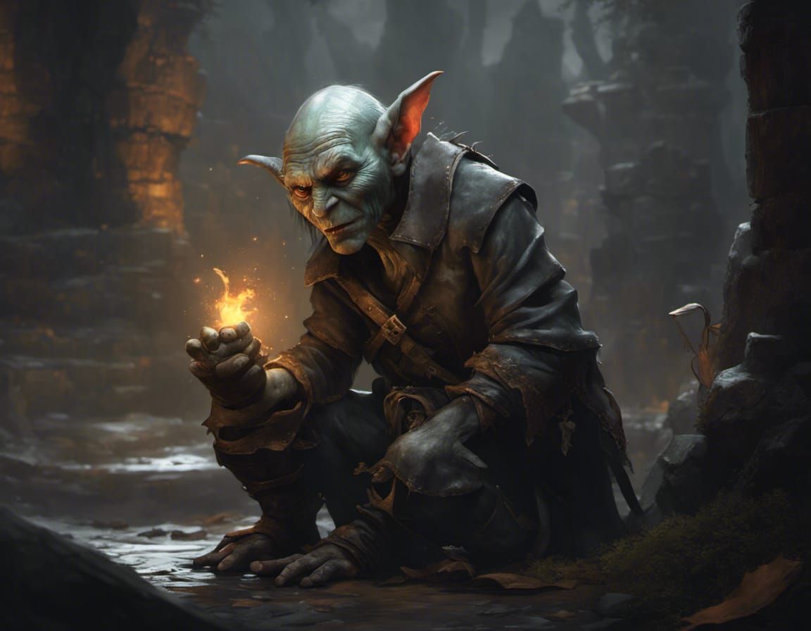 symbaroum , grey skin goblin, crouching, in blck leather, fritz lieber ...