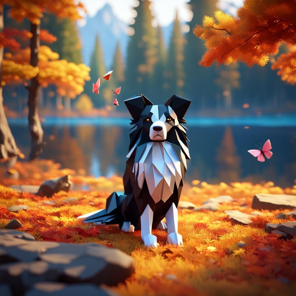 Origami border collie sits happily and watches an origami butterfly in ...
