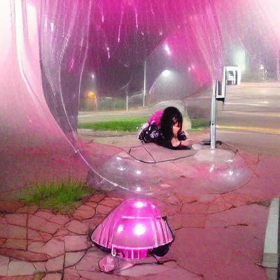 A goth girl crying under a lamp post while wearing pink inside a space ...