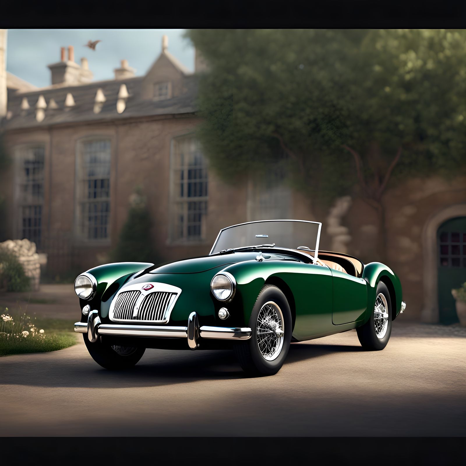 Side view of 1956 MGA painted British racing green with dove grey top ...