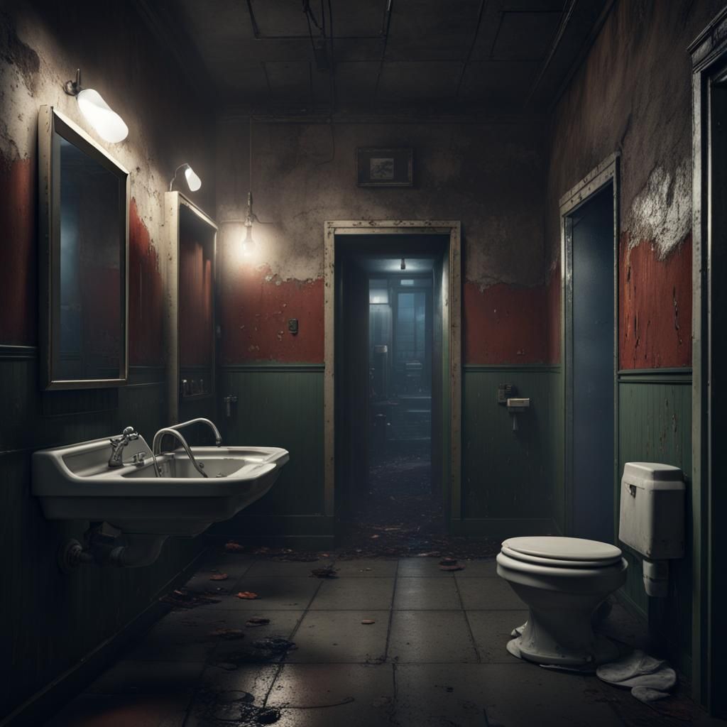Realistic public bathroom abandoned in the night that give scary vibes ...