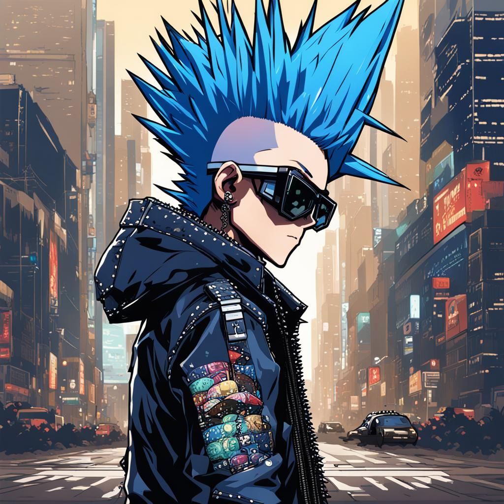 Cyberpunk, future, gangster-punk, techno-style sunglasses, blue Mohawk on head, leather jacket ...