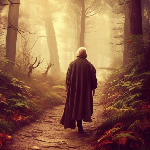 an old wizard walking down a trail in the forest coming from battle ...