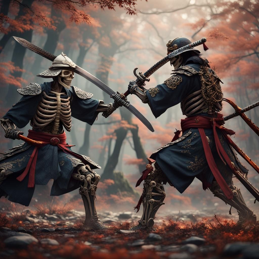 two skeleton samurai sword fighting - AI Generated Artwork - NightCafe ...