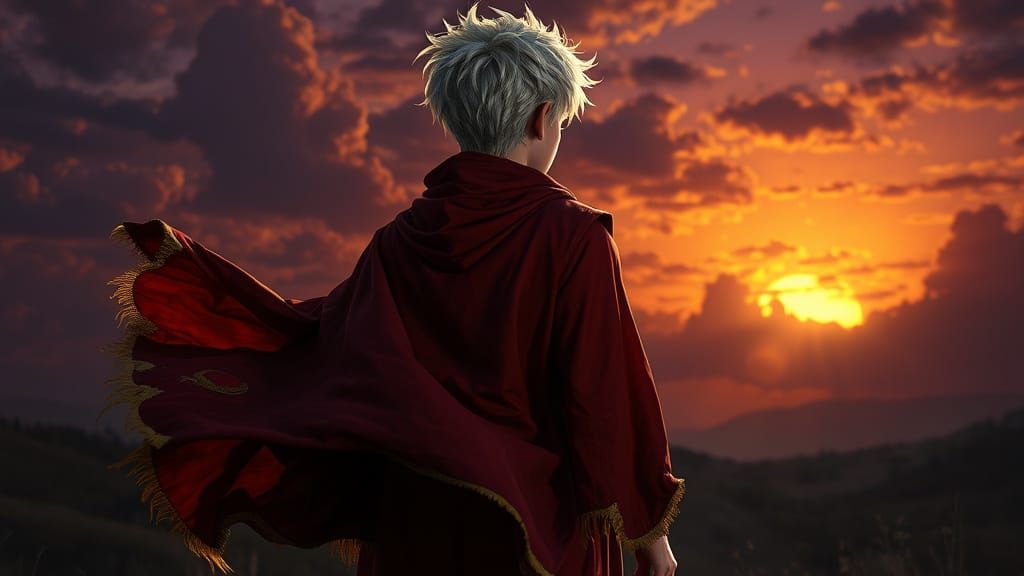 Ethereal Boy in Tattered Red Robe, Early Evening D... - AI Art