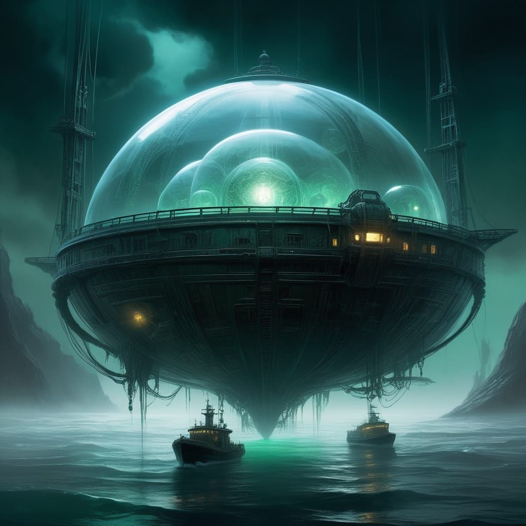Biomechanical Ship Adrift in Turbulent Waves - AI Art