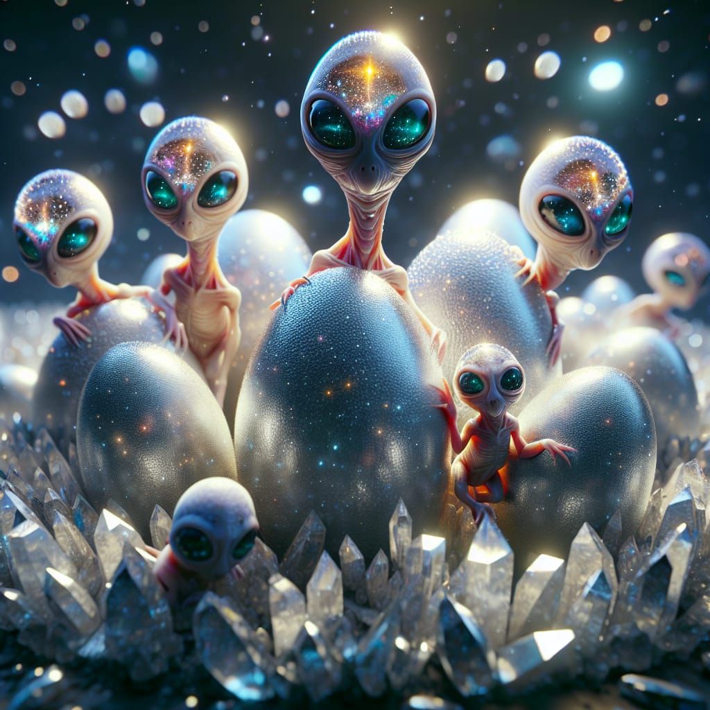 A clutch of alien eggs hatching in a nest of crystal, weird cute ...