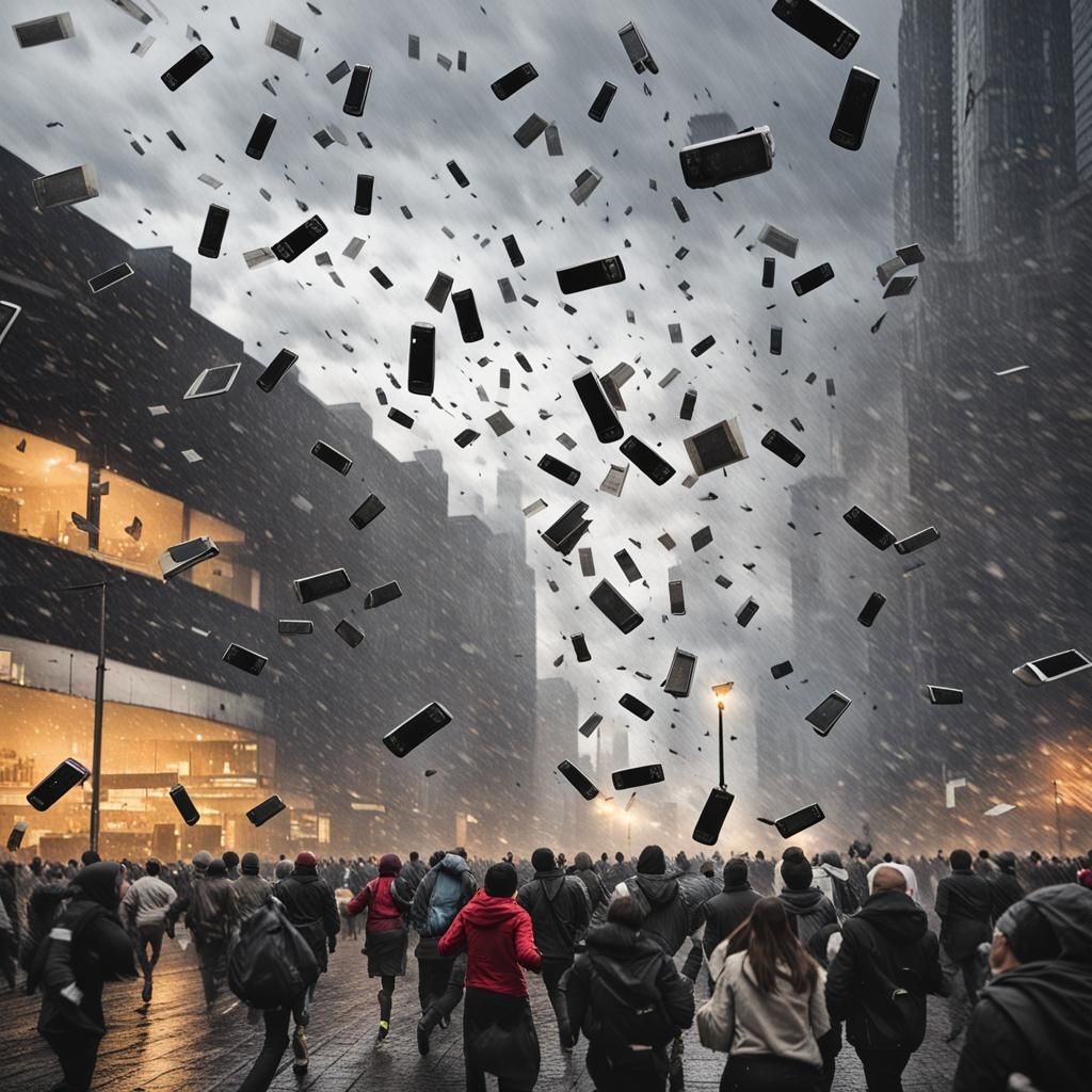 Cell phones are raining from the sky and people are running for cover ...