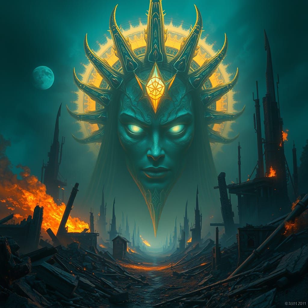 Goddess of Dread Rises from Apocalypse in Vibrant,... - AI Art