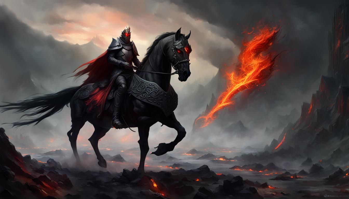Alpheon, the cursed knight, on a demonic black horse whith flaming red ...