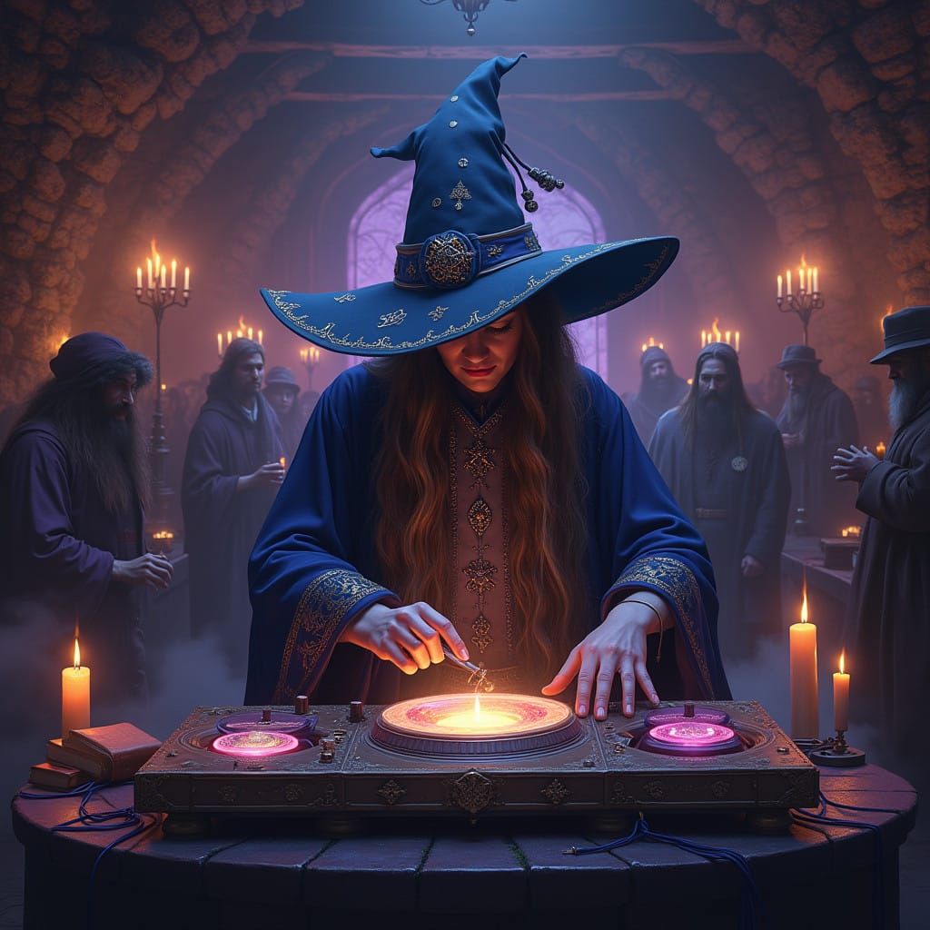 Whimsical Wizard DJ in a Gothic, Mystical Tavern - AI Art