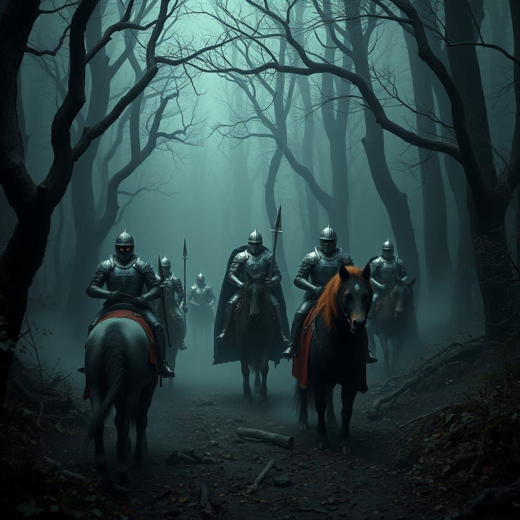 Medieval Knights Encounter Wolves and Bears in Dar... - AI Art