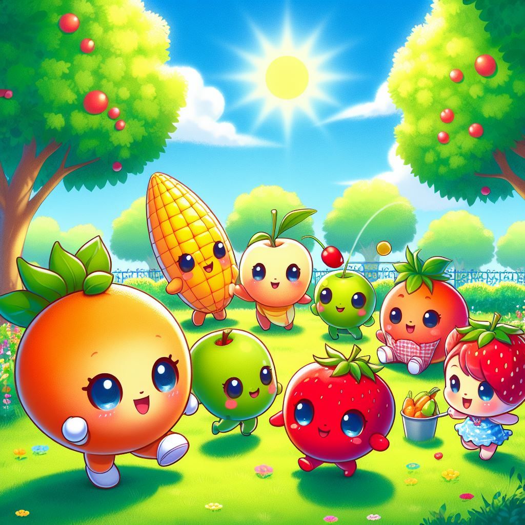 a Chibified family of fruit and vegetables playing in the park on a ...