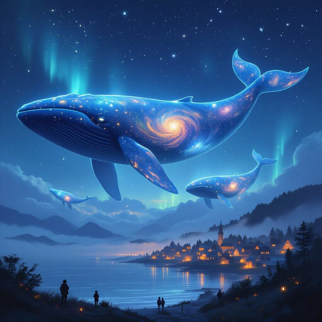 Aurora’s Leviathans: Celestial Whales Over the Foggy Village