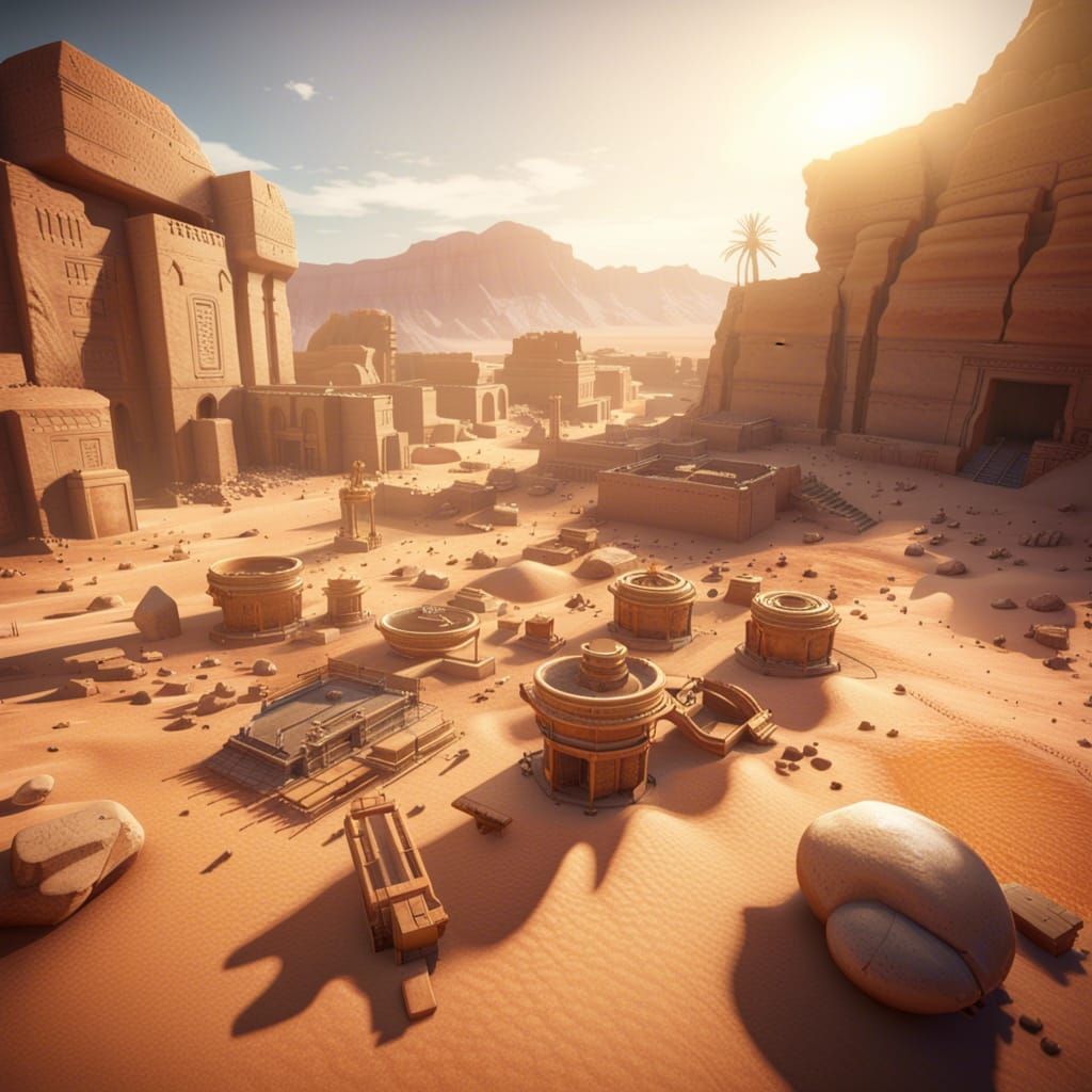 Archaeology, dig site, workers, desert, hot sun, 3D Game Cinematic Feel ...