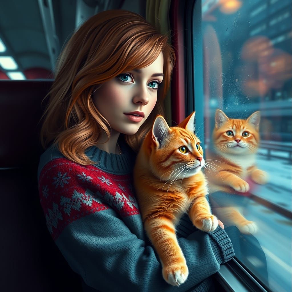 riding on the train - Woman Riding Train with Cat in Hyperr...