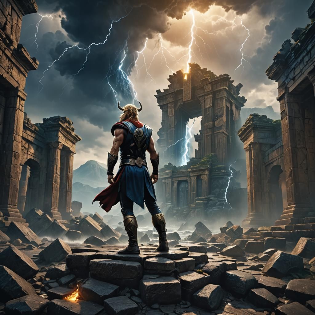Youthful Storm God Amidst Ancient Ruins - AI Art