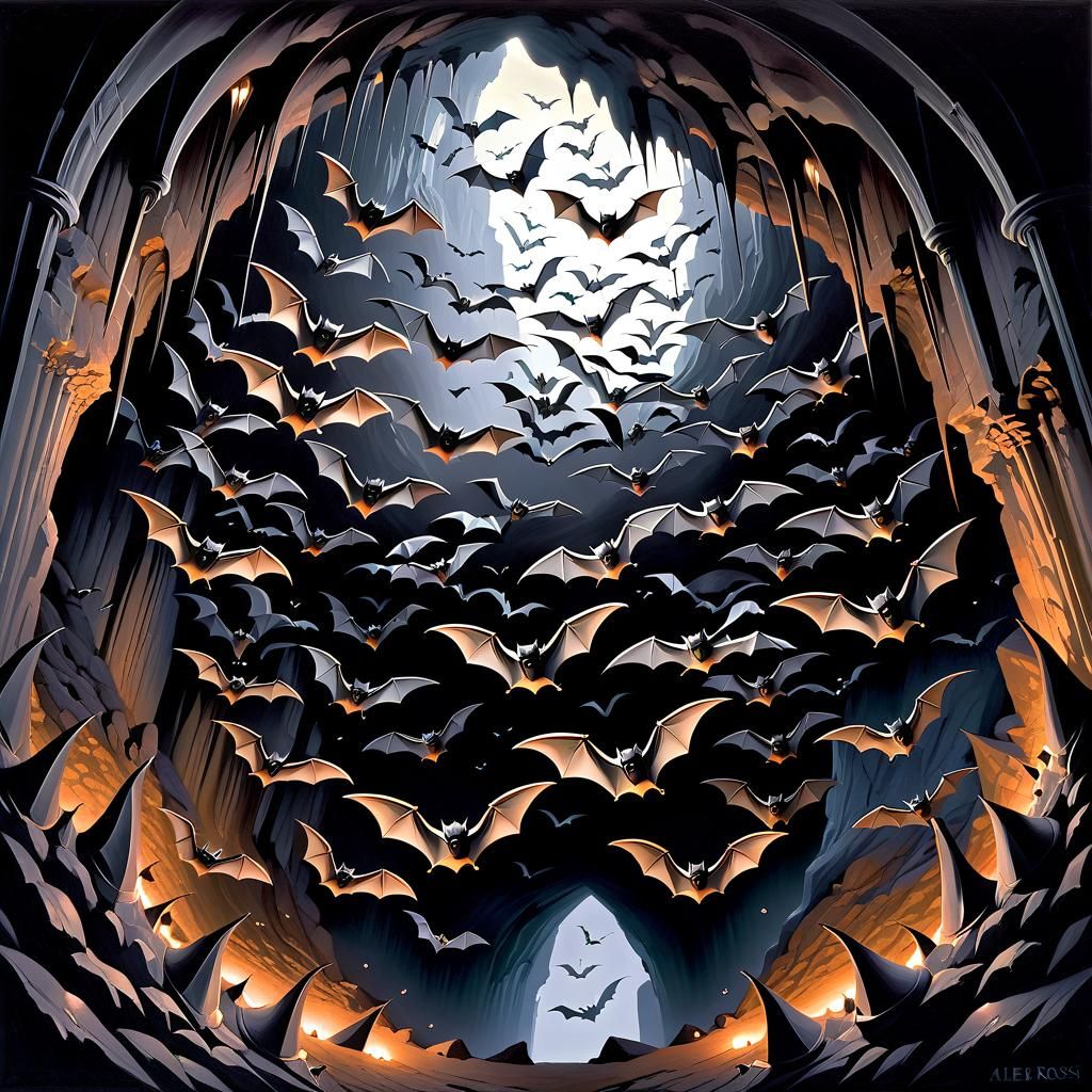 A flock of bats, black and grey, flying out of a cave, oil on canvas ...