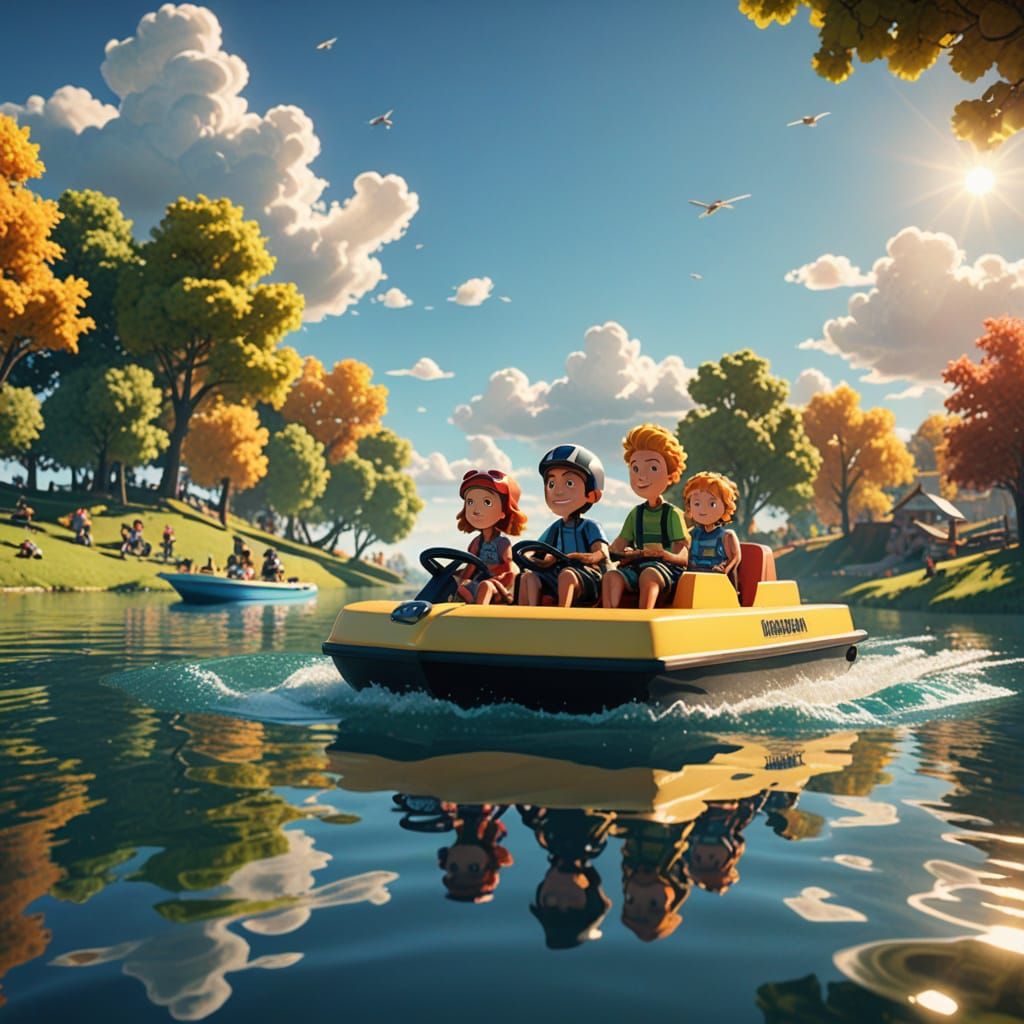 Cartoon Pedal Boat on Lake in Animation Style - AI Art