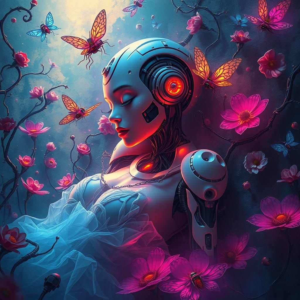 impressionist portrait of beautiful android in setting, with ethereal ...