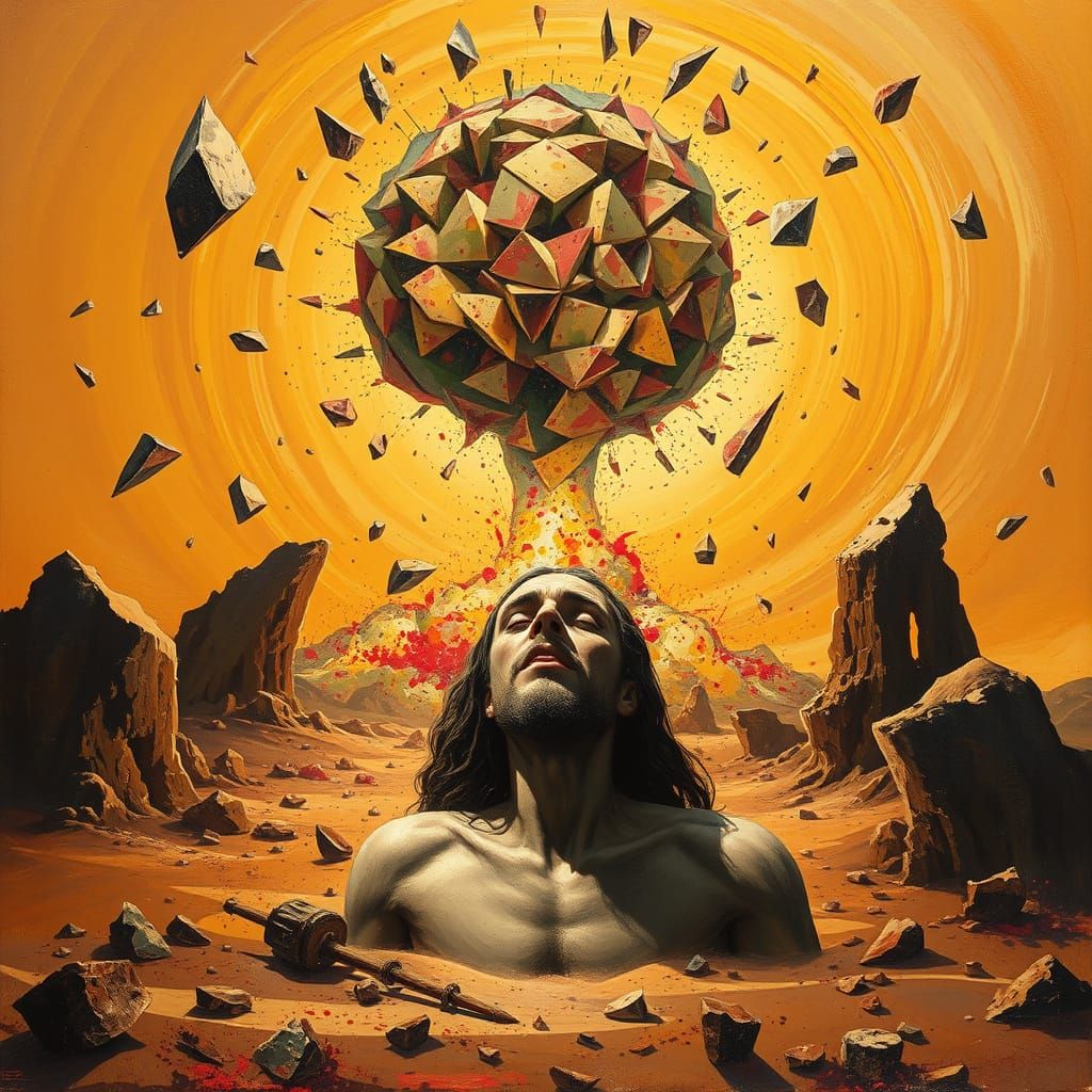 A surreal painting of a hydrogen bomb exploding reality to pieces and ...