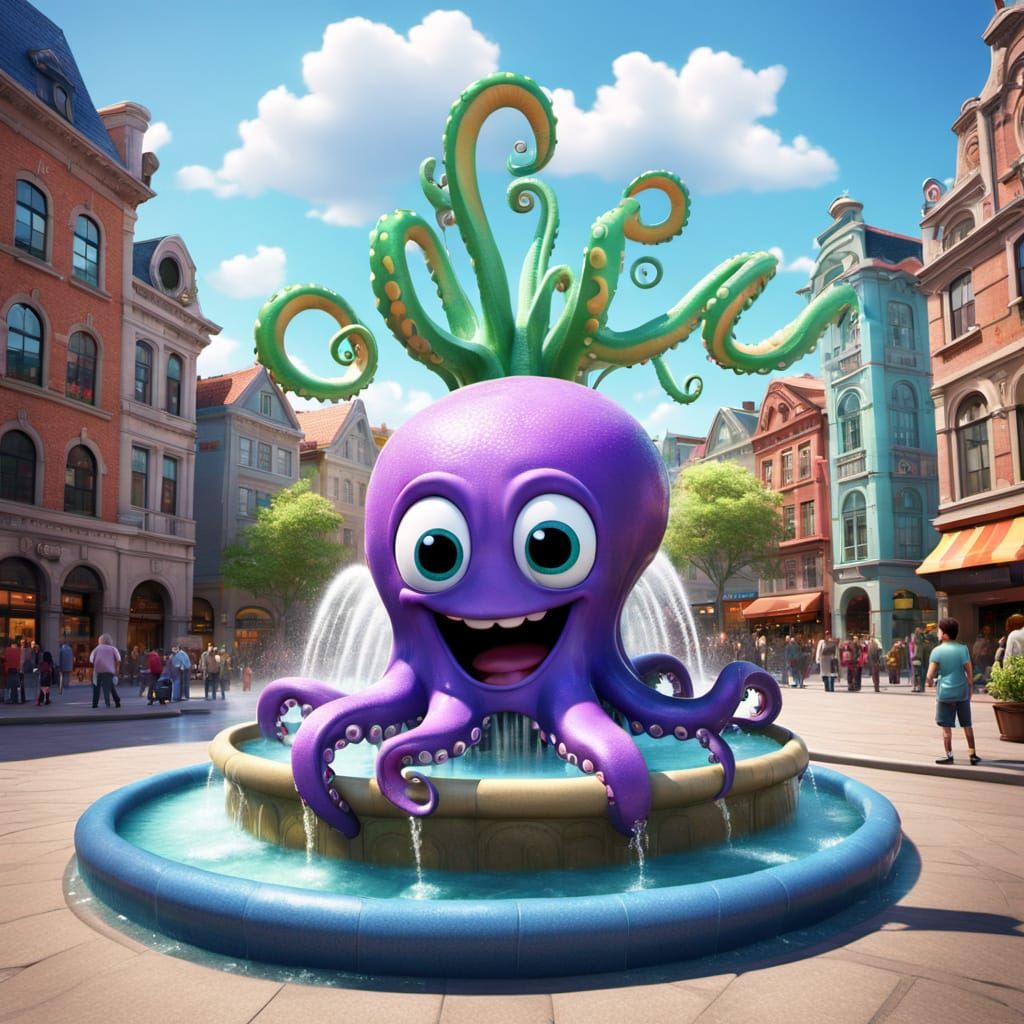 Alien octopus fountain in the town square