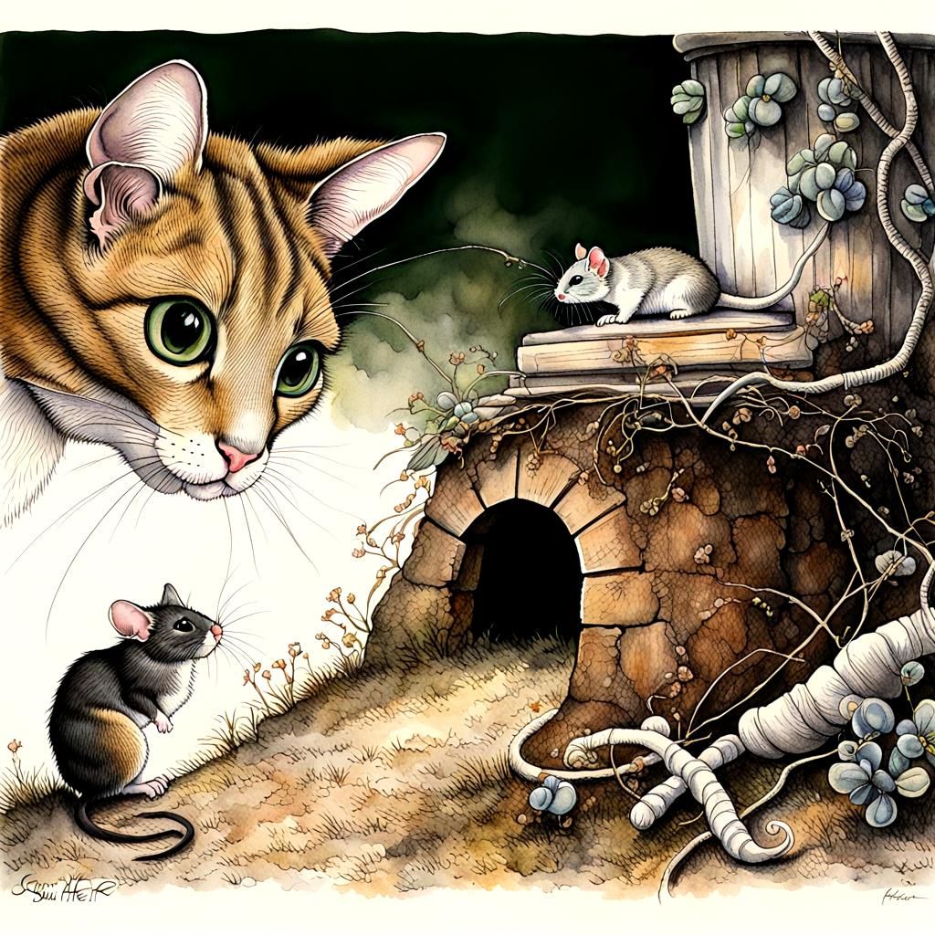(Cat)(mice), pen and ink, watercolor, art by Susan Herbert - AI ...
