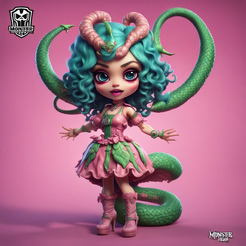 hyperrealistic Viperine Gorgon from monster high as a cute chibi, full ...