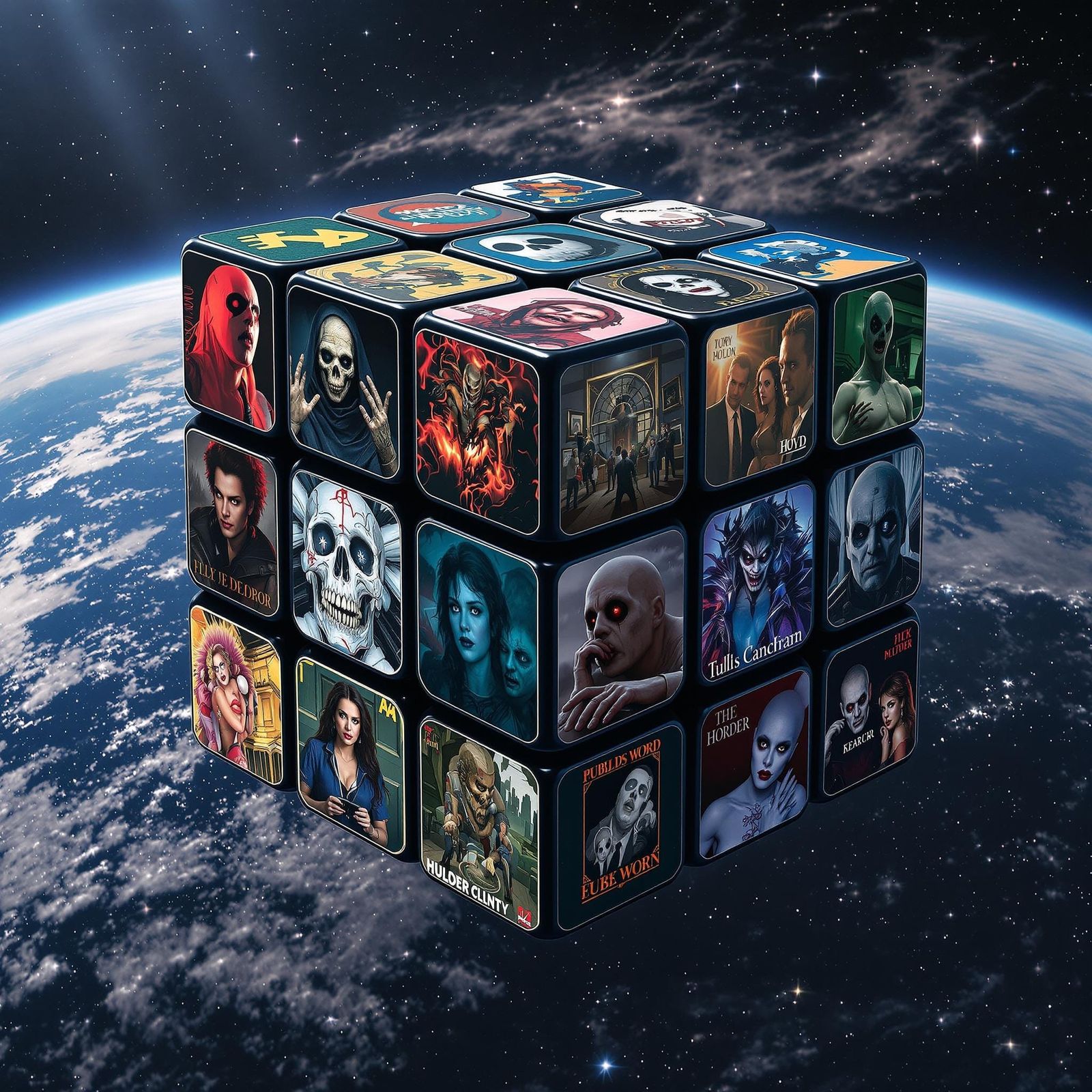 A surreal Rubik's cube that shows 54 squares and different scenes of ...