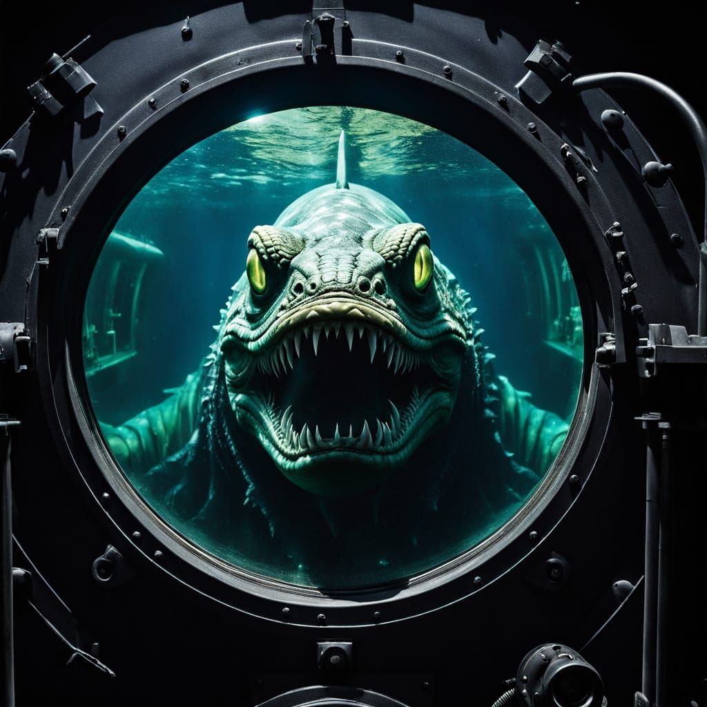 Grotesque Sea Monster Stares Through Submarine Win... - AI Art