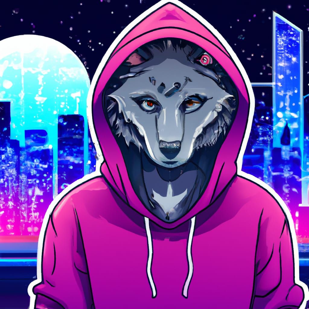 A retrowave portrait of a wolf wearing a hoodie looking into the camera ...
