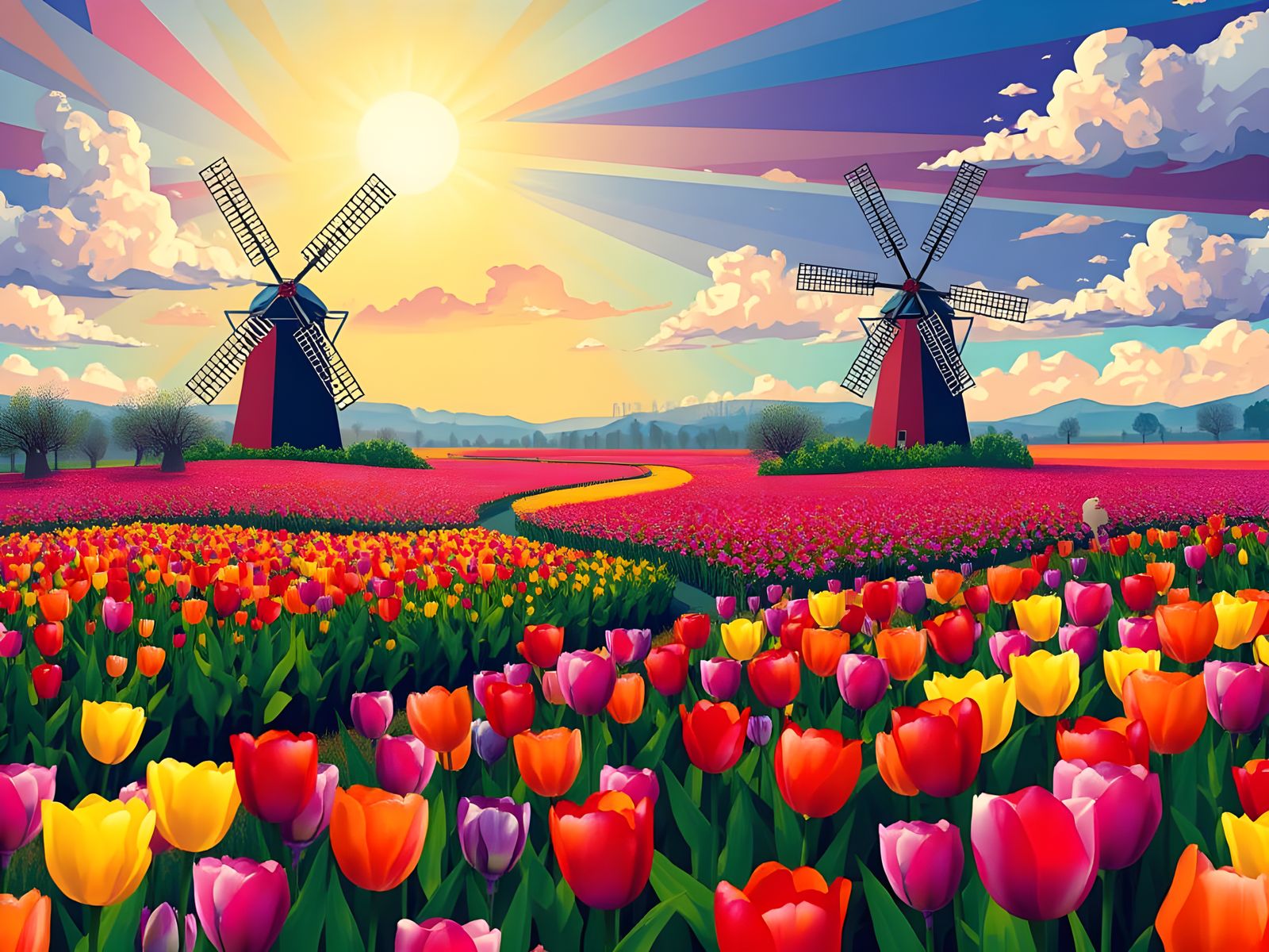Wind mills and tulips - Vibrant Cubist Spring Landscape with...