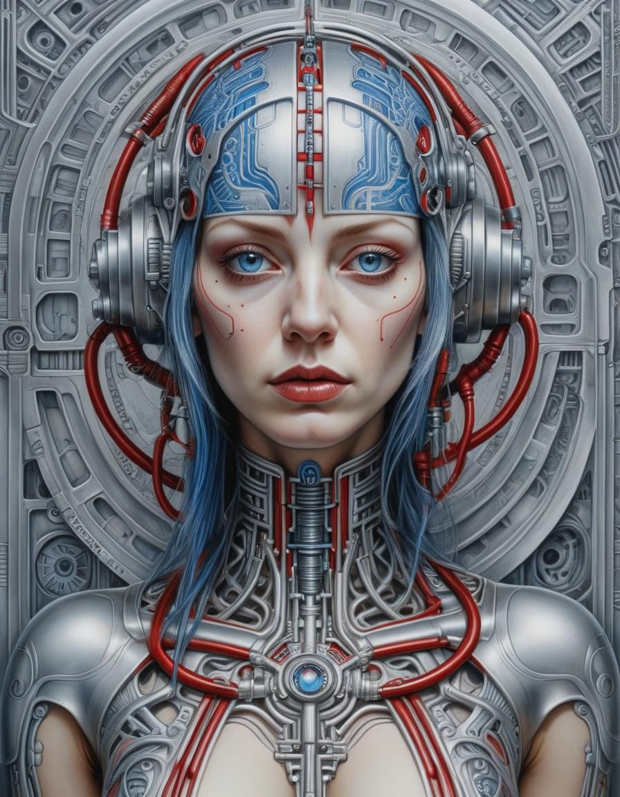 A detailed portrait of a woman with symmetrical features, blue eyes ...