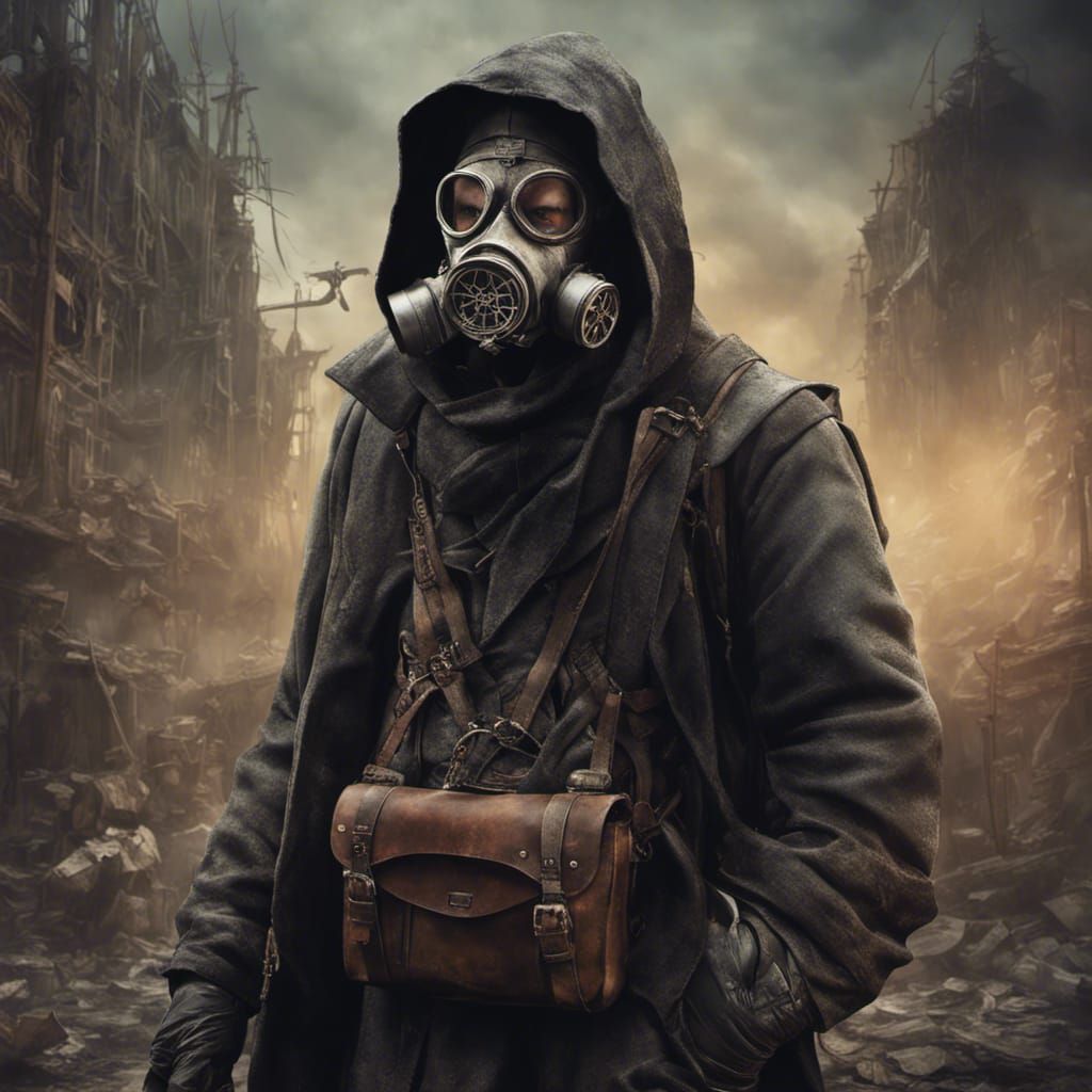 A portrait of an post apocalyptic merchant, dressed with a old black ...